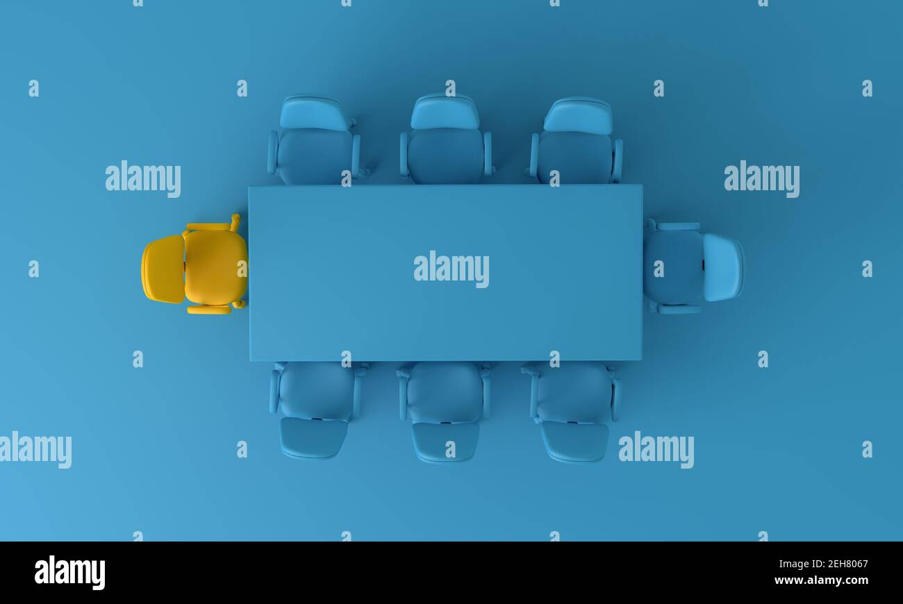 Overhead view of an office meeting room with one stand out chair. 3D ...