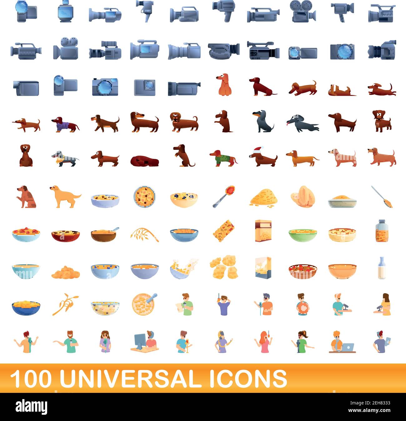 100 universal icons set. Cartoon illustration of 100 universal icons ...