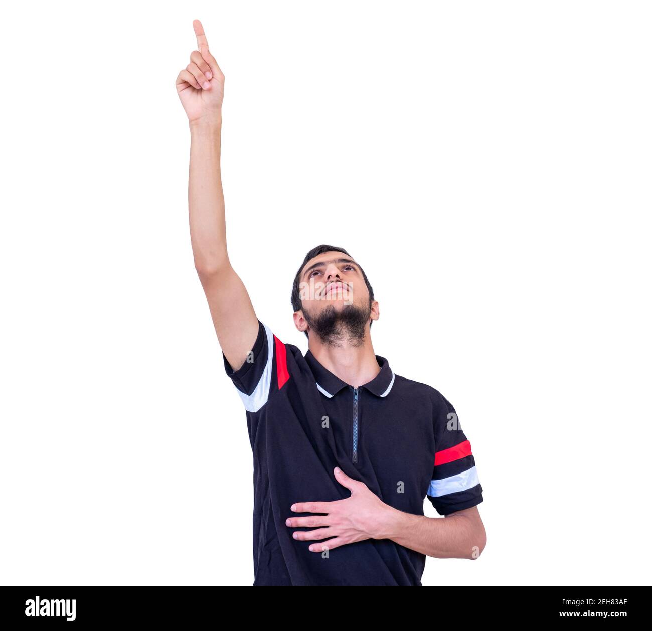 Guy pointing with his finger up above Stock Photo - Alamy
