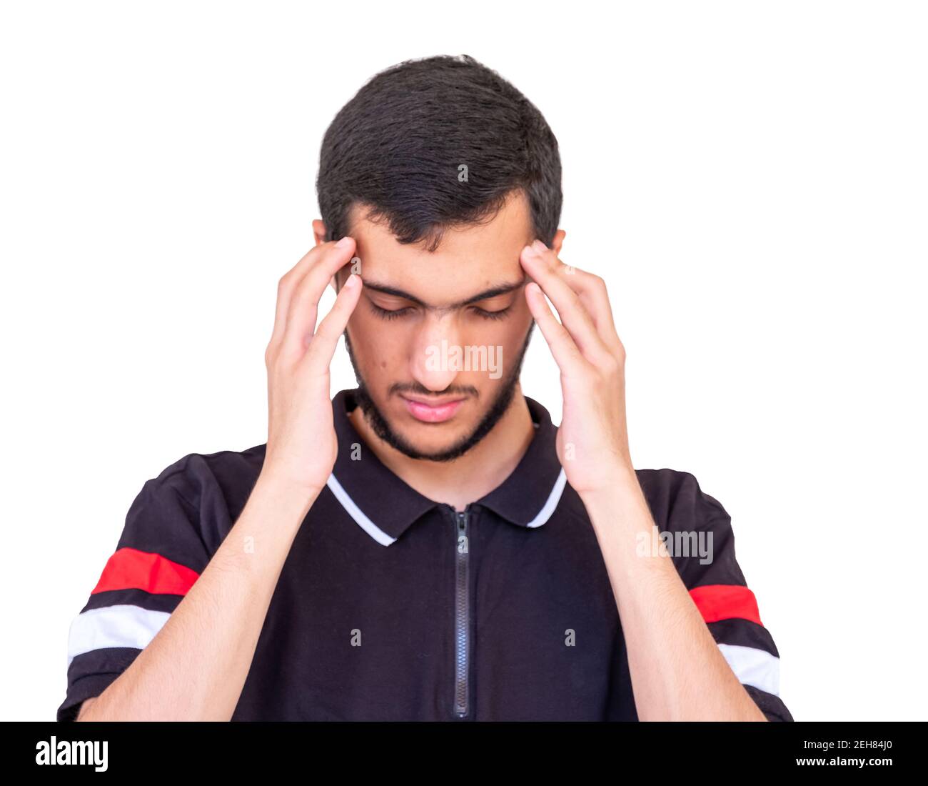 Arabic boy having a headache and pressing on his head of pain Stock ...