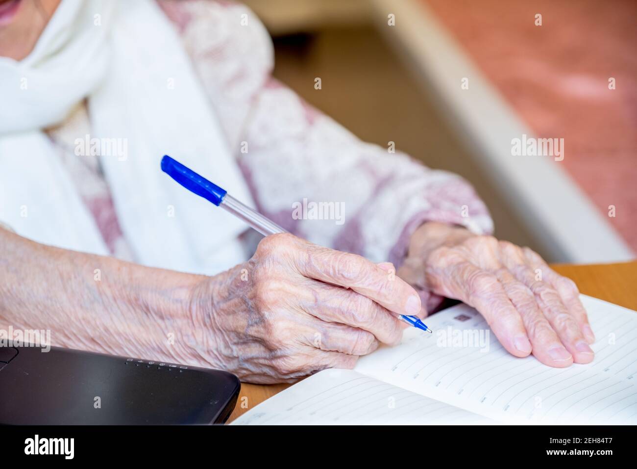 Old women studying and writing using laptop and notebook Stock Photo ...