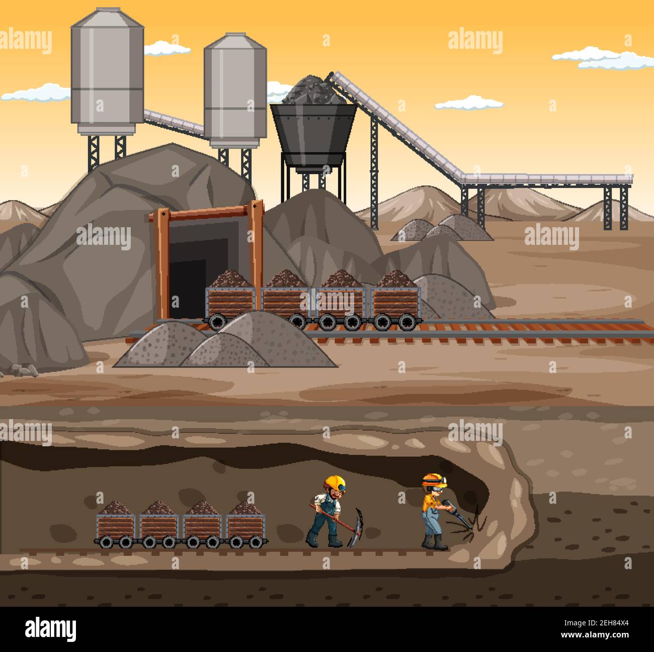 Landscape of coal mining scene at sunset time illustration Stock Vector ...