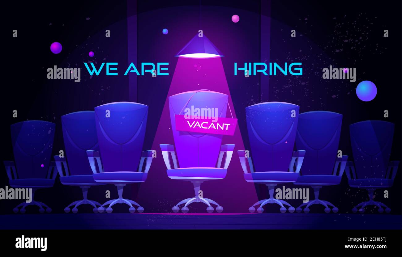 We are hiring cartoon banner with vacant chair under spotlight. Hire ...
