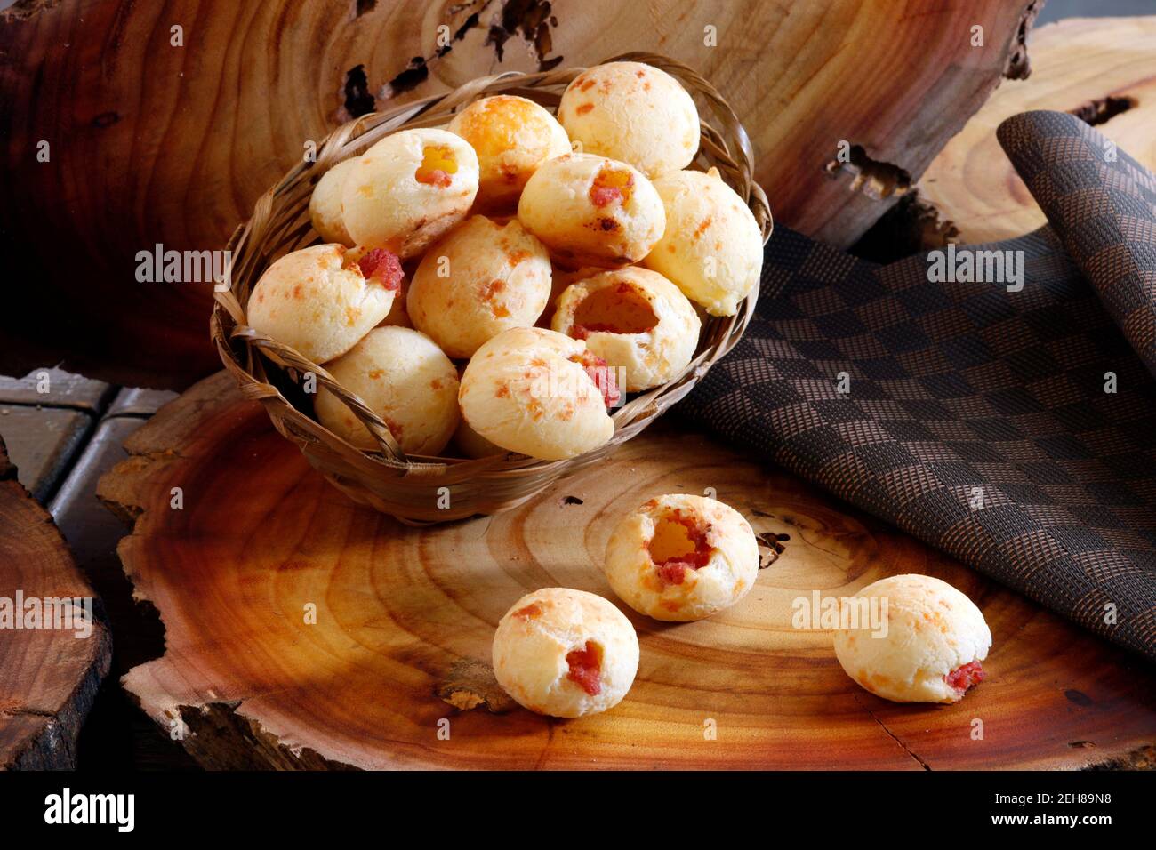 Brazilian snack cheese bread, pao de queijo, stuffed with pepperoni ...