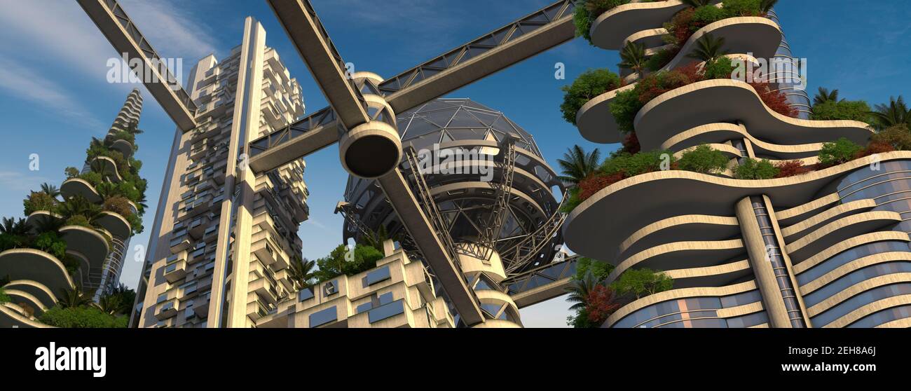 Futuristic green city 3d rendering from an upward angle, with building ...