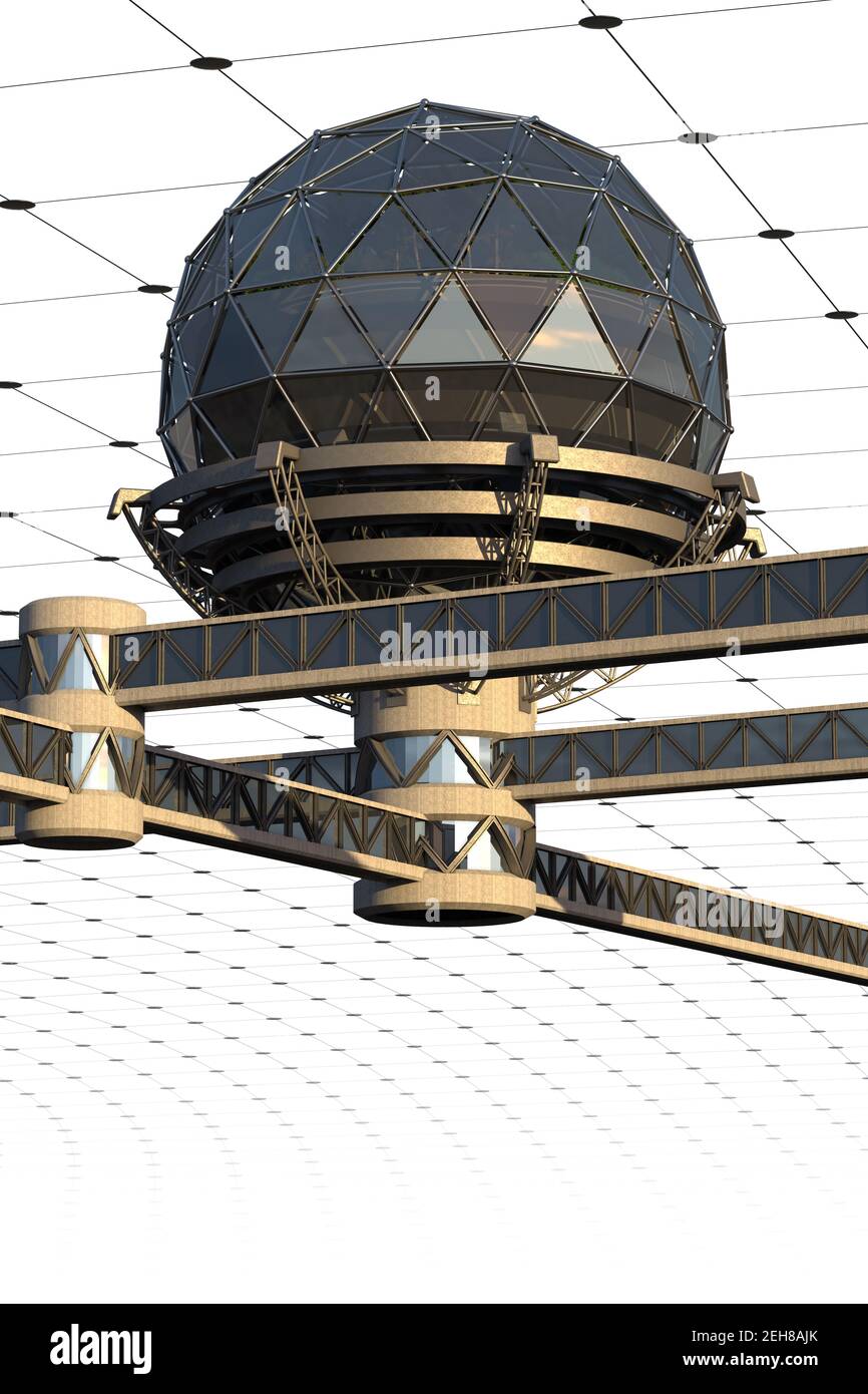 Futuristic city architecture with a geodesic glass structure connected ...
