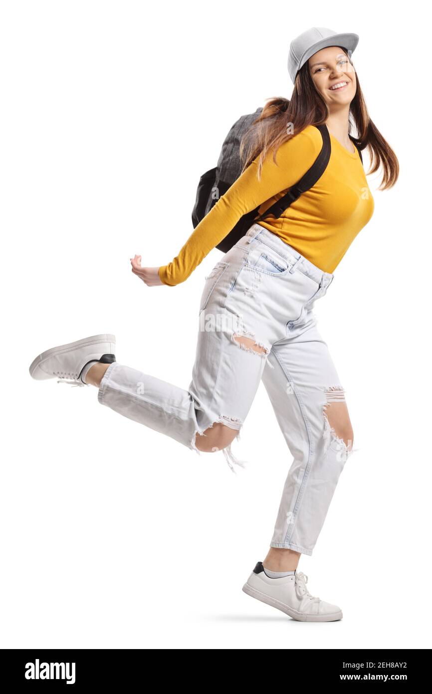 Smiling female student dancing isolated on white background Stock Photo ...