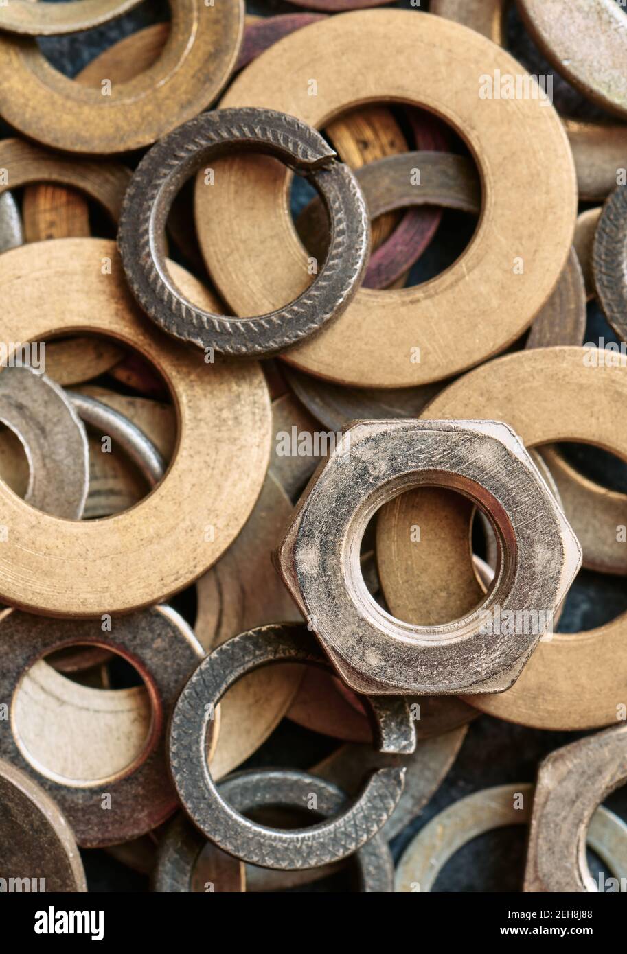 Nut and washer top view, close up, shallow depth of sharpness Stock ...