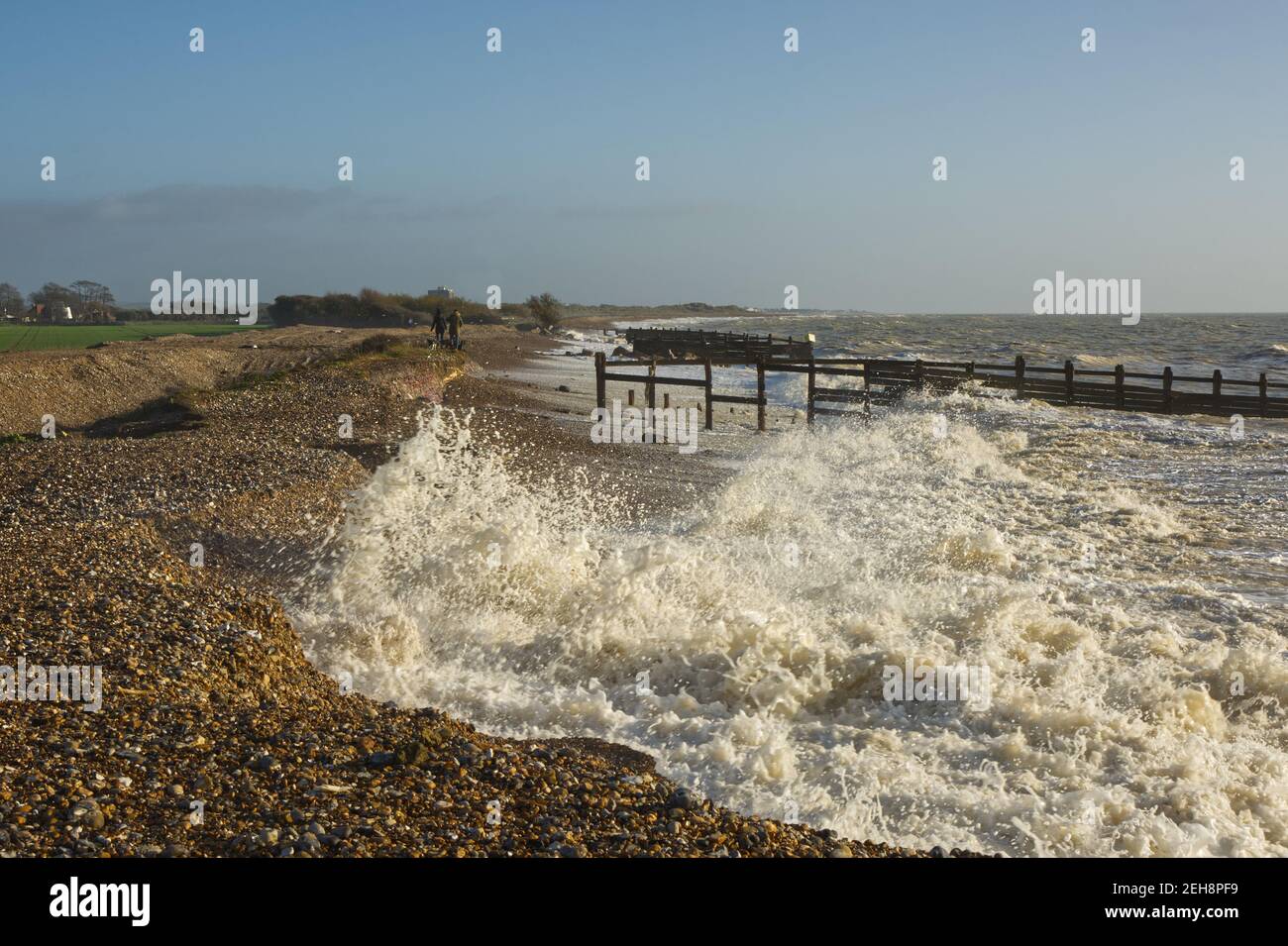 Stormy weather with waves on shingle beach at Climping near ...