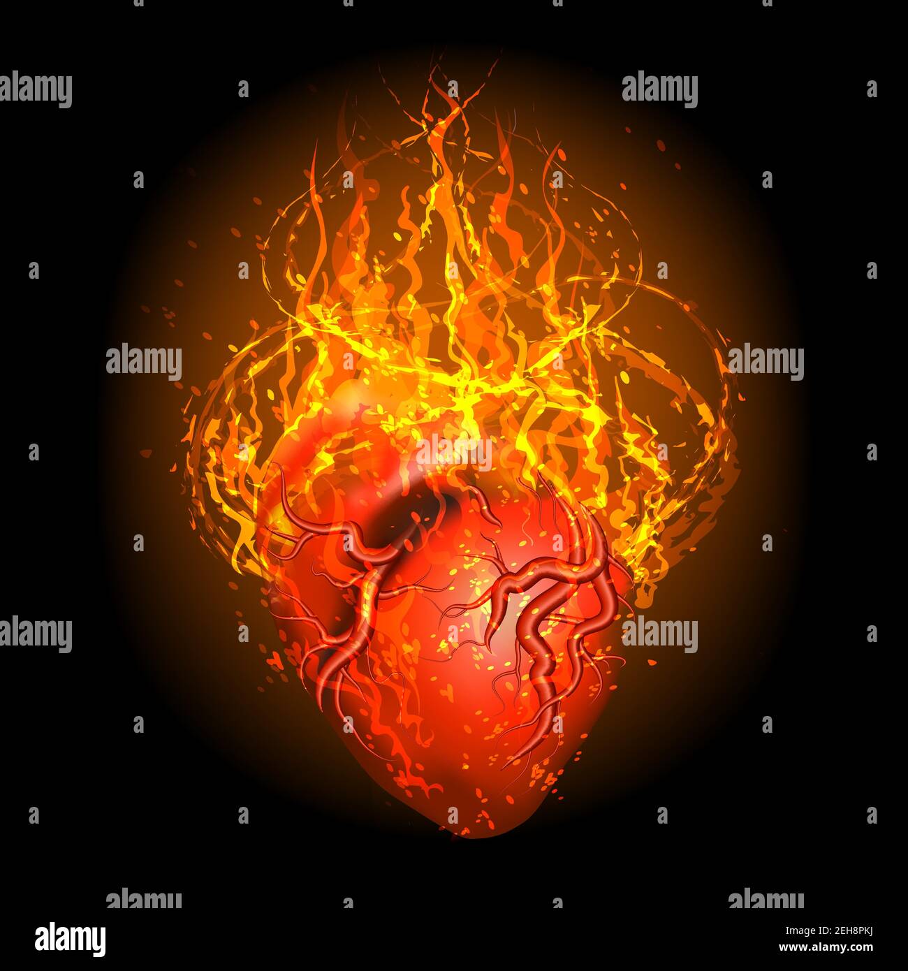 Burning Heart on black background. Vector illustration Stock Vector ...