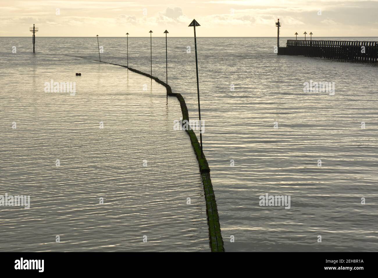 River Arun flowing into sea at Littlehampton, West Sussex, England ...