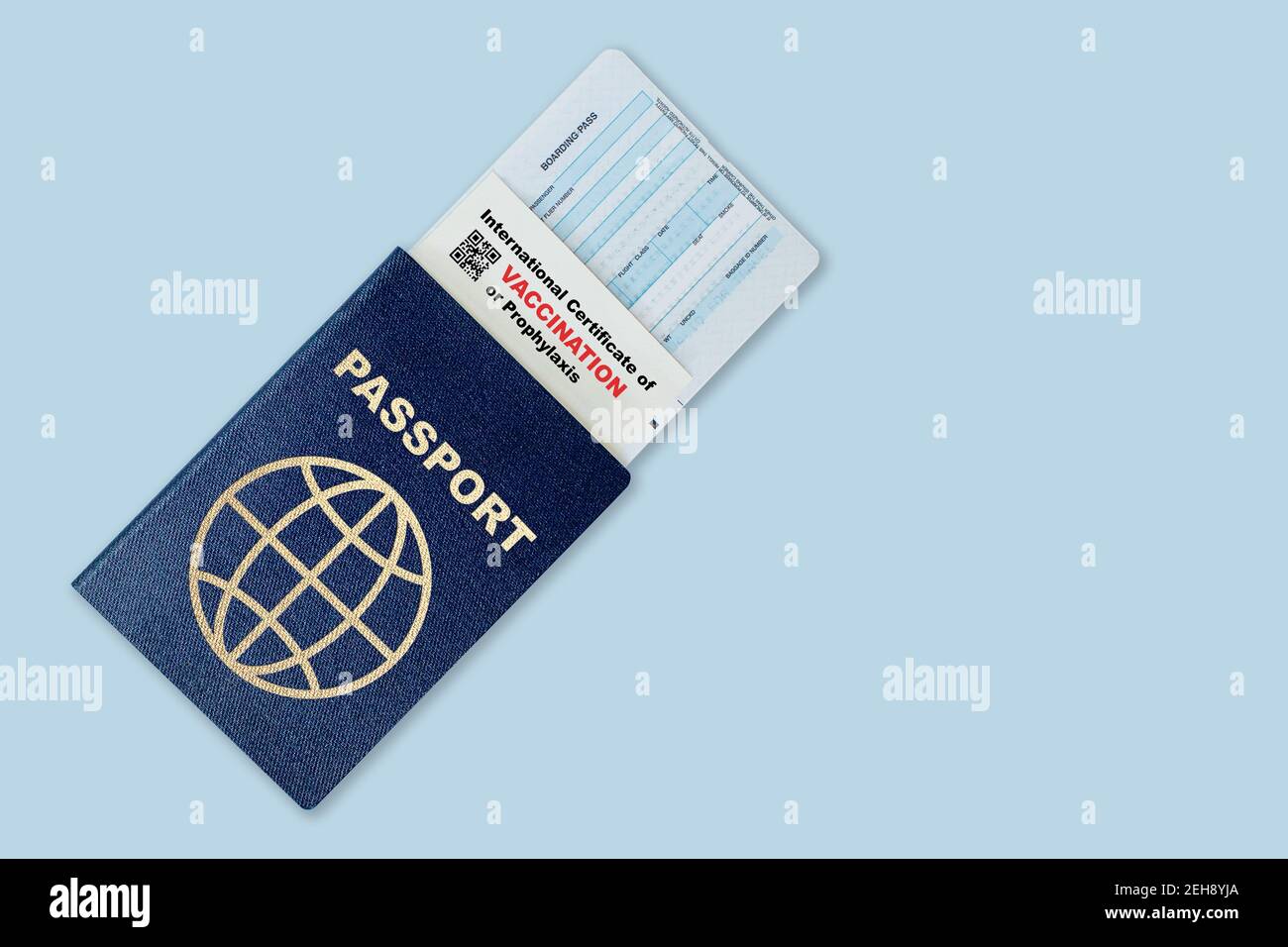 Travel passport, boarding pass and certificate of COVID-19 vaccination ...