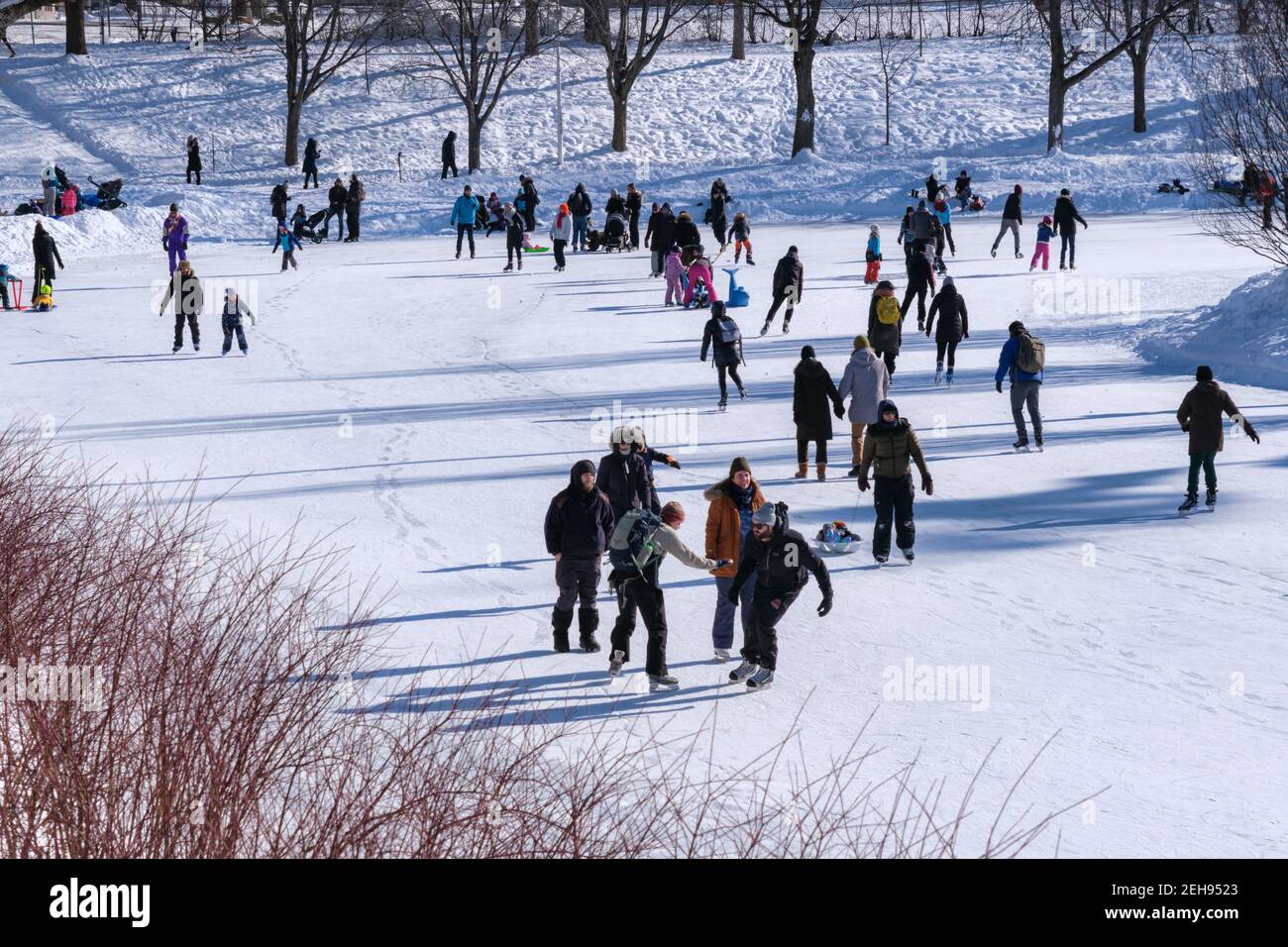 Montreal, Canada - 31 January 2021: People skating at Lafontaine Park ...