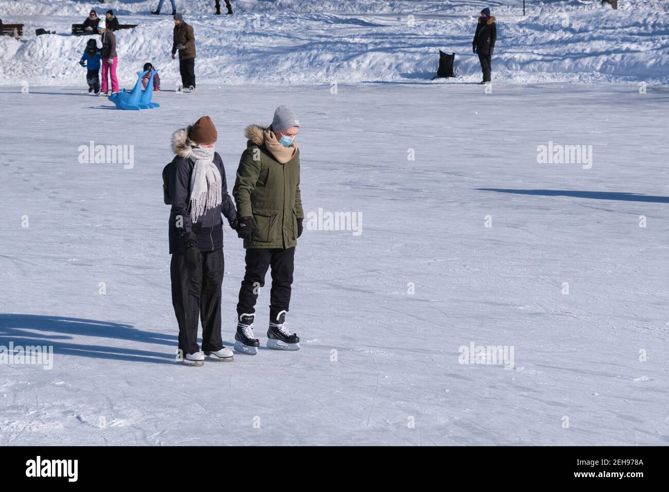 Montreal, Canada - 31 January 2021: People skating at Lafontaine Park ...