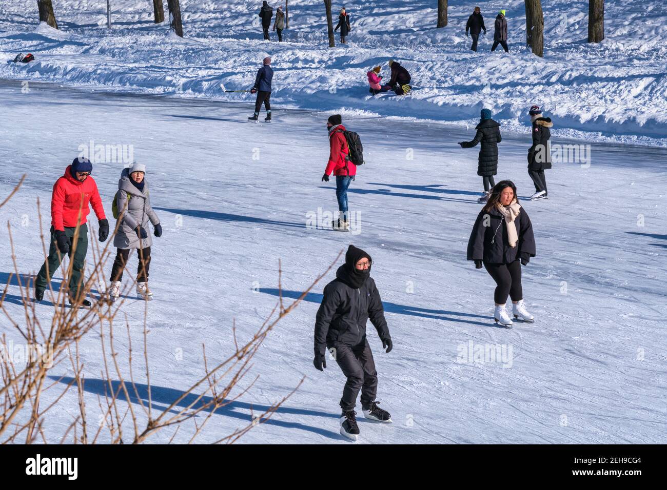 Montreal, Canada - 31 January 2021: People skating at Lafontaine Park ...