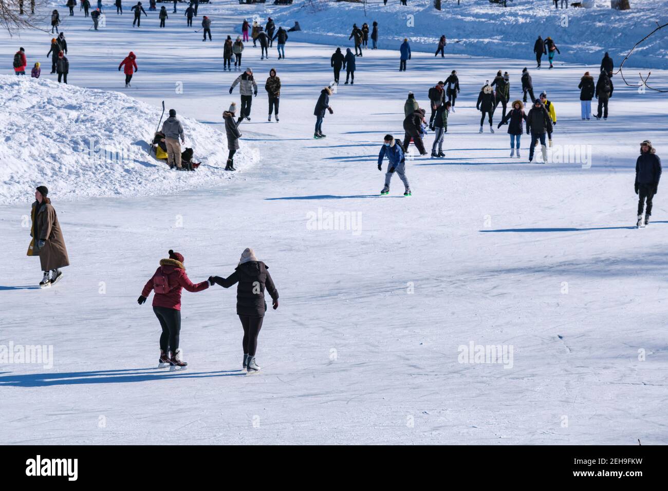 Montreal, Canada - 31 January 2021: People skating at Lafontaine Park ...