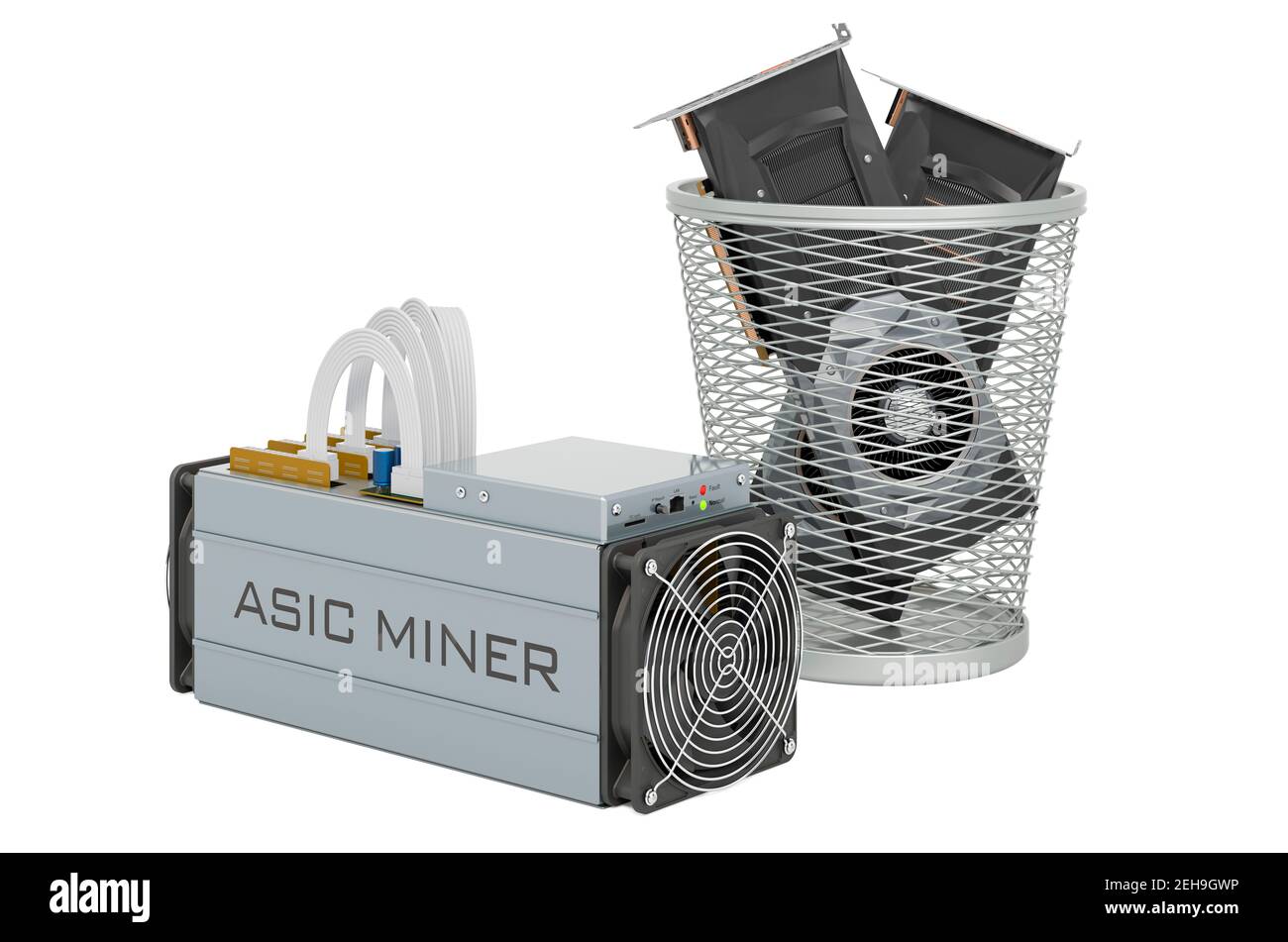 ASIC miner and video card GPU in garbage bin. 3D rendering isolated on ...