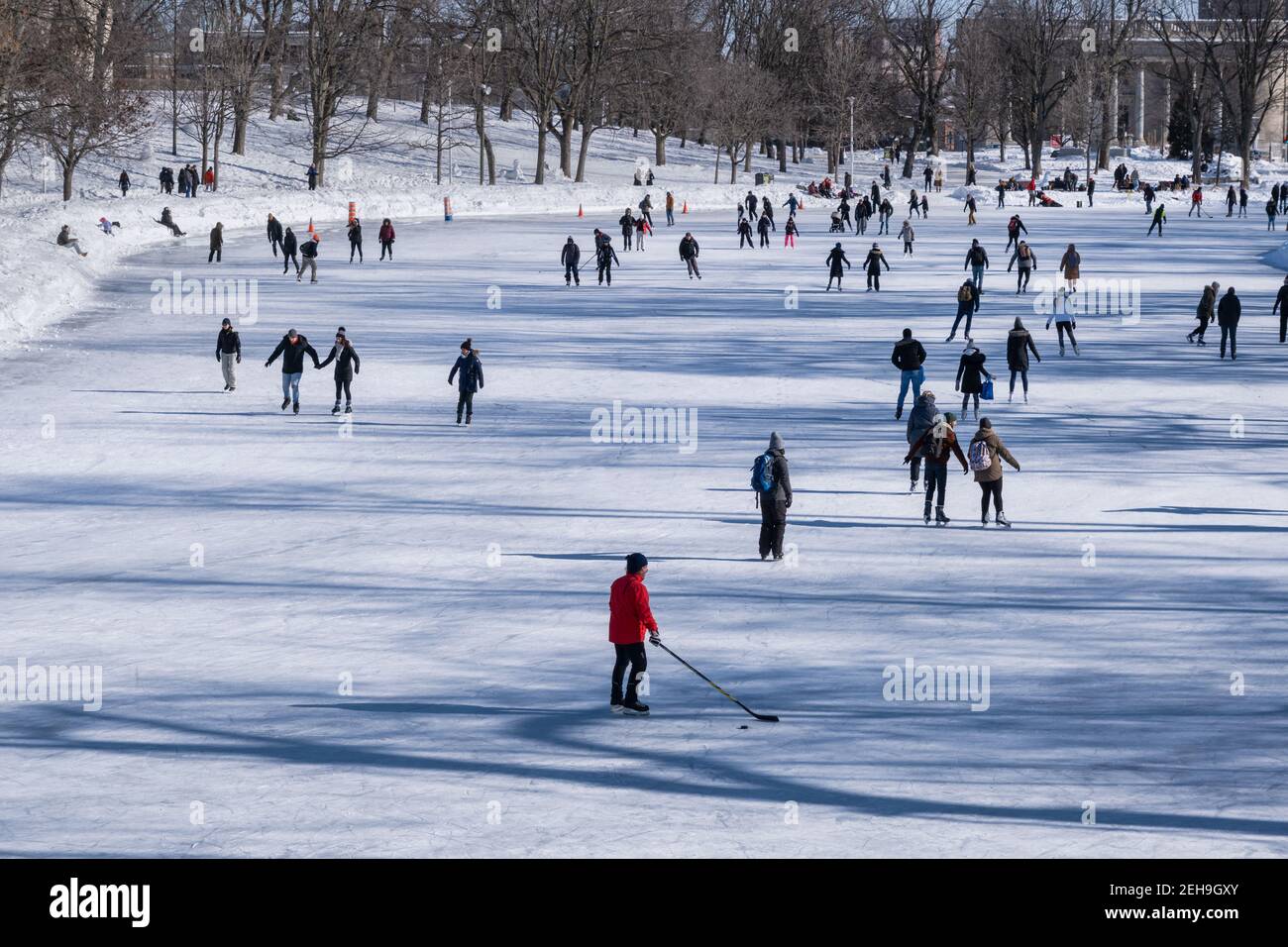 Montreal, Canada - 31 January 2021: People skating at Lafontaine Park ...