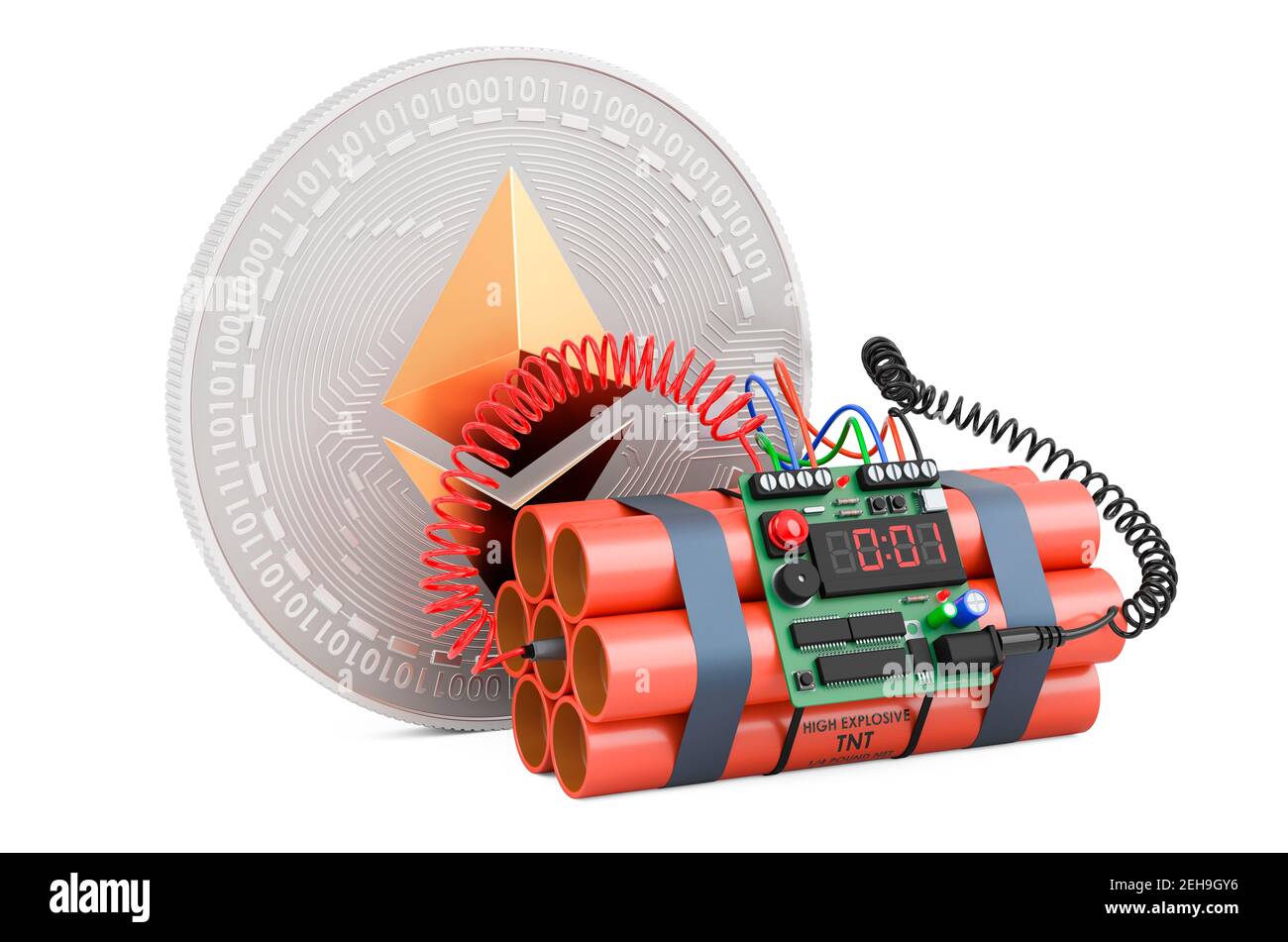 Ethereum with bomb, difficulty bomb concept, 3D rendering isolated on ...