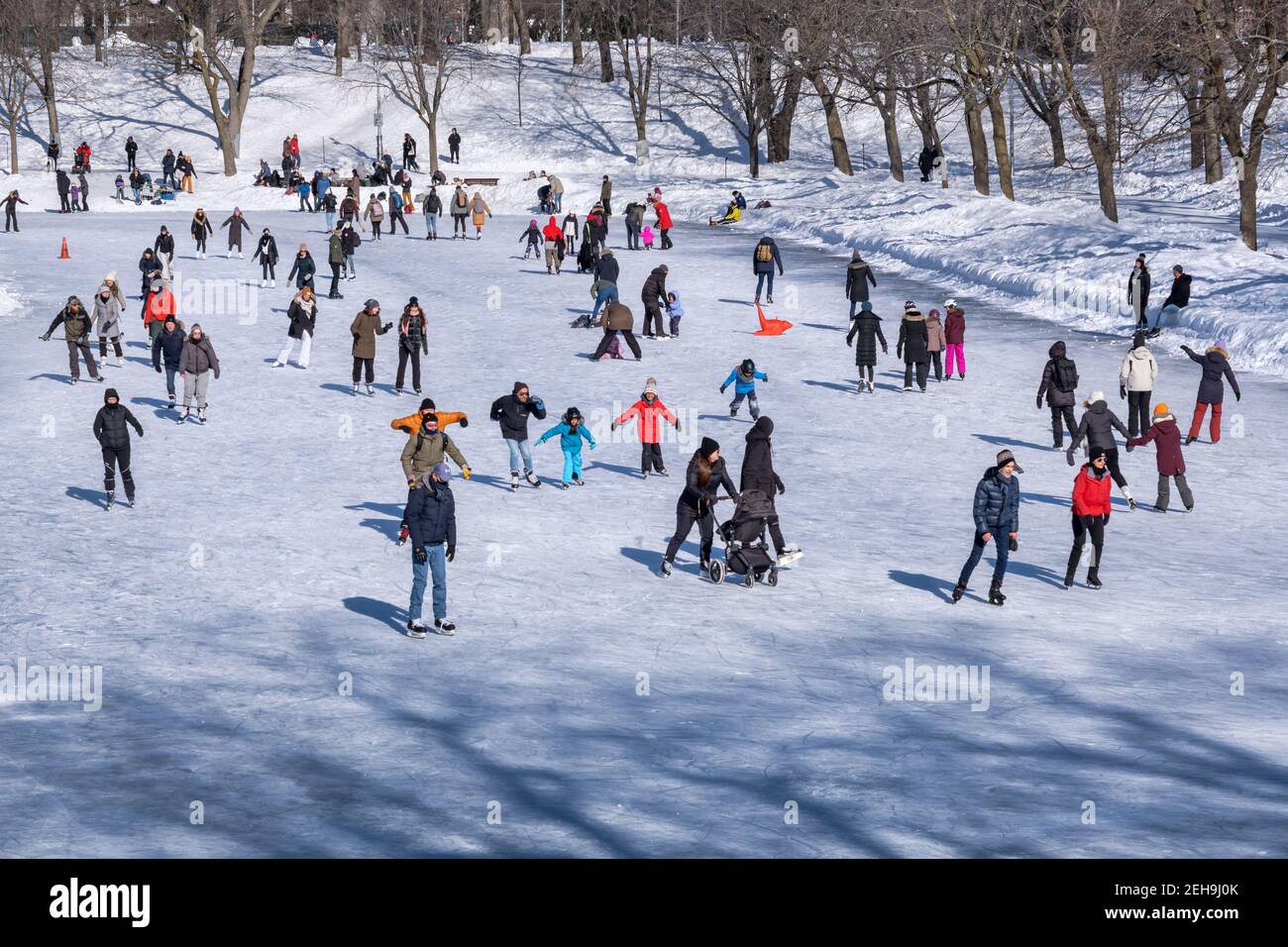 Montreal, Canada - 31 January 2021: People skating at Lafontaine Park ...