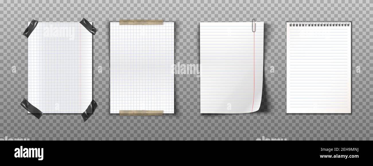 realistic collection of paper notes with tapes, paperclip, spiral ...