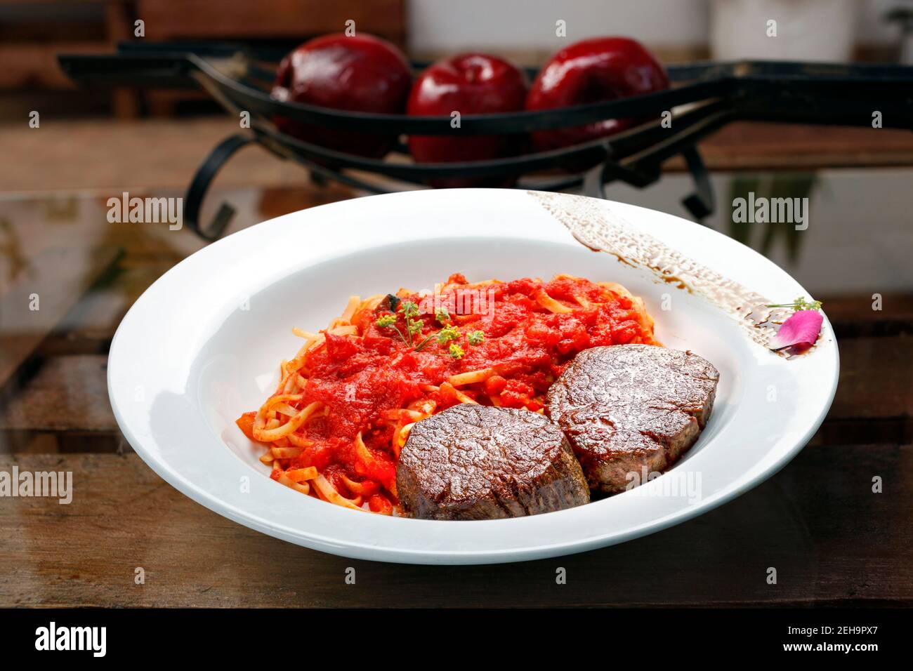 Filet mignon with pasta food Stock Photo - Alamy