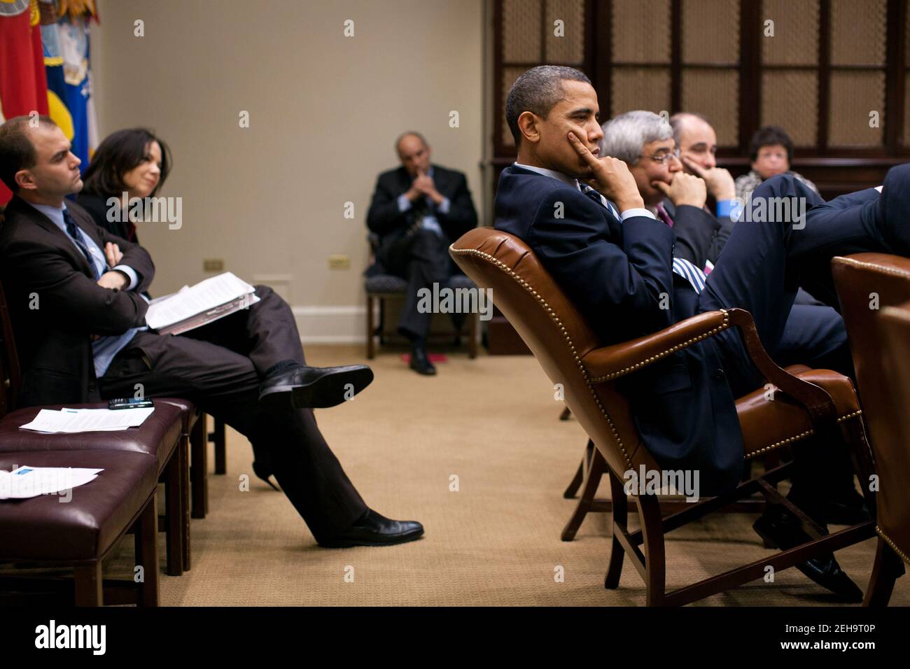 President Barack Obama listens during a meeting in the Roosevelt Room ...