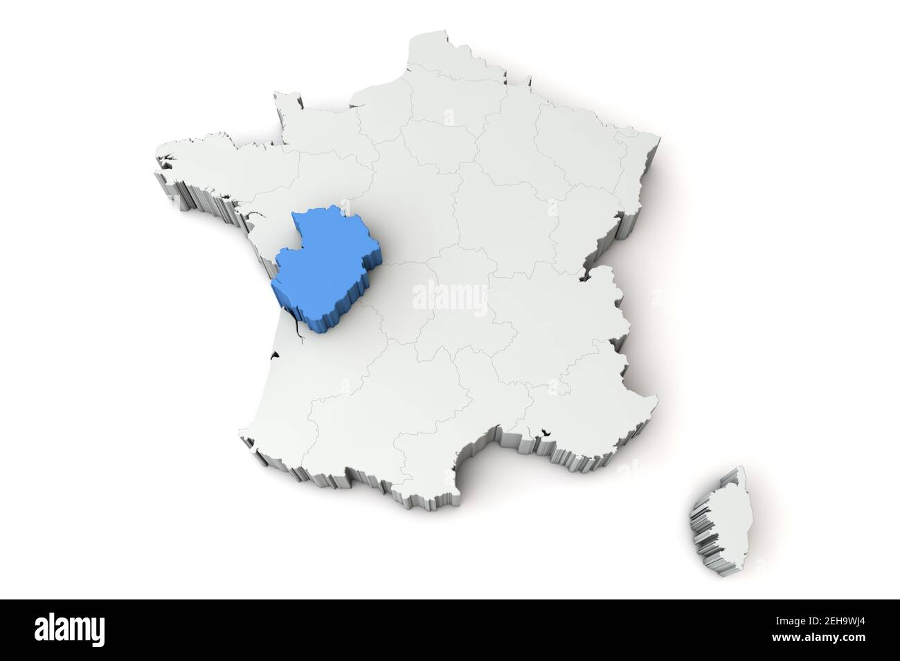 Map of France showing poitou charentes region. 3D Rendering Stock Photo ...
