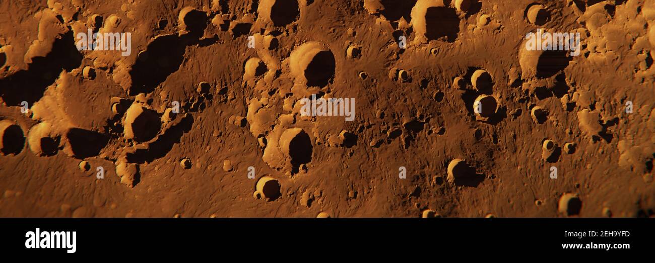 landscape with many craters on planet Mars, desert on the red planet ...