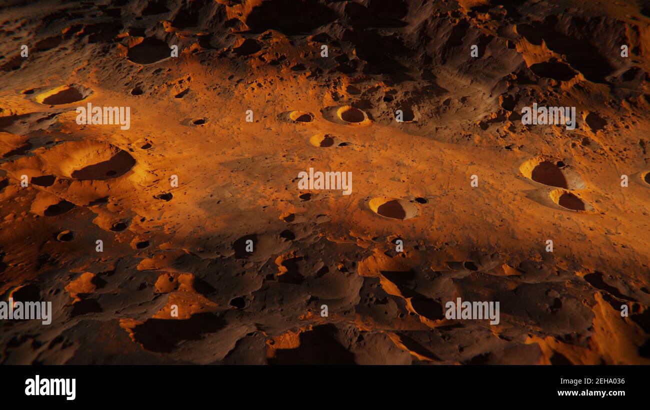 valley with many craters on planet Mars, landscape on the red planet ...