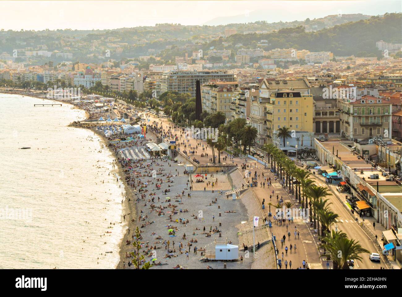 Aerial panoramic view of Baie des Anges, Promenade des Anglais, coast ...