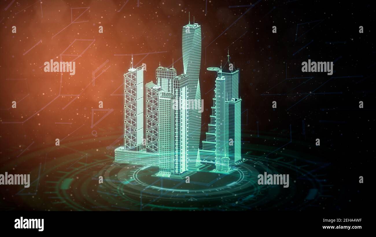 cg industry 3d illustration, wireframe urban buildings 3d renders Stock ...