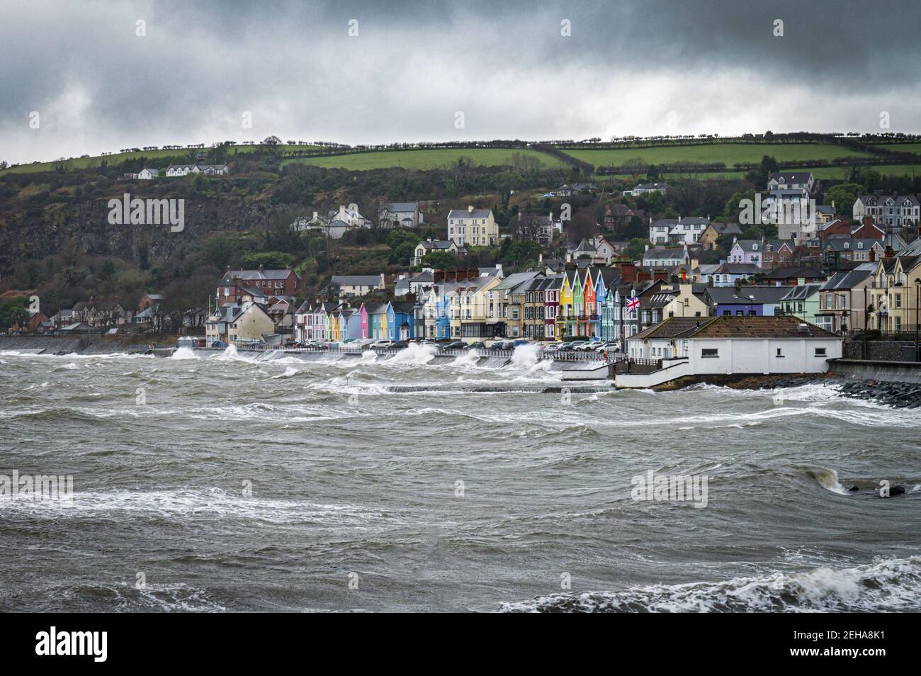 Winter storm hitting the seaside town of Whitehead in Northern Ireland ...