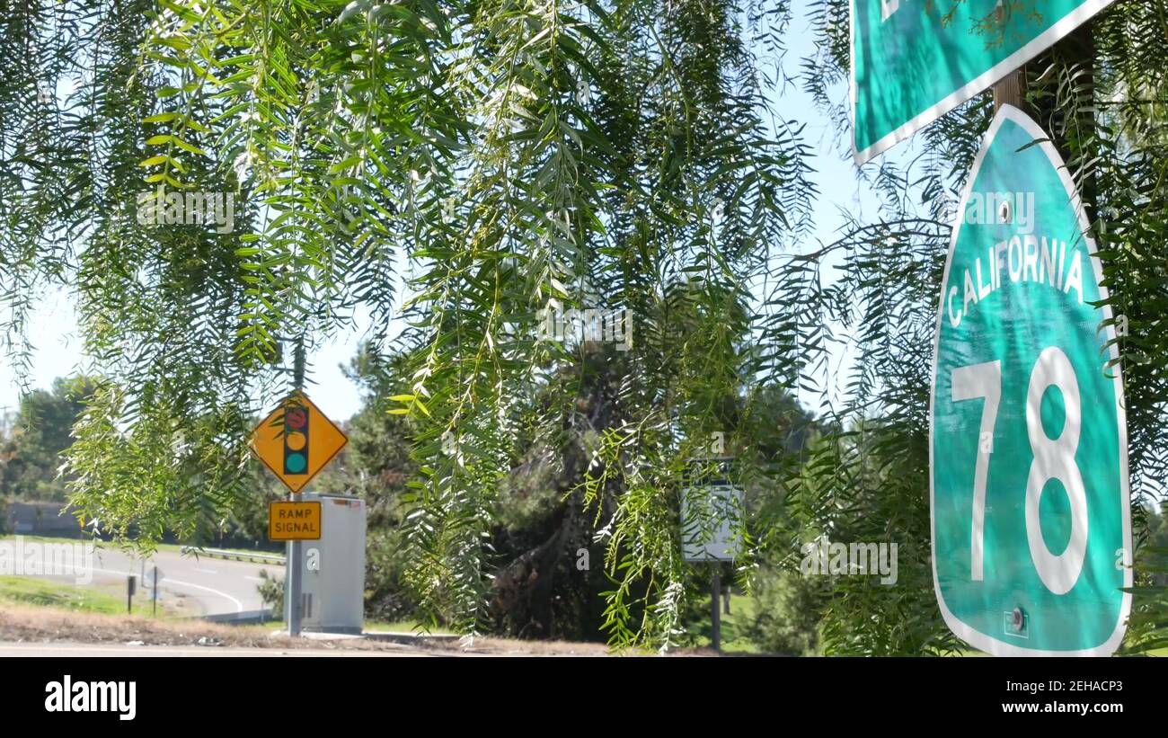 Freeway entrance sign on interchange crossraod in San Diego county ...