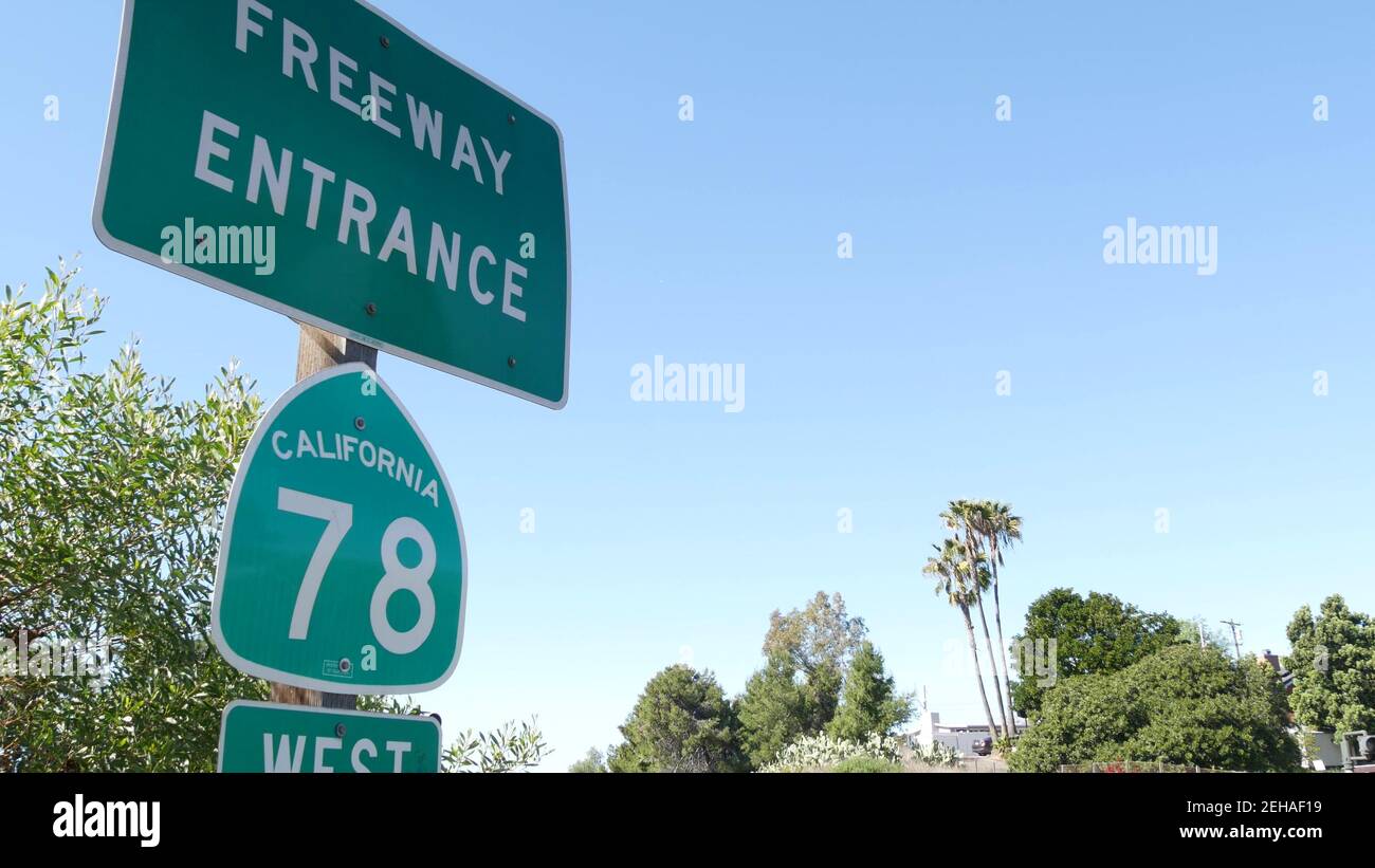 Freeway entrance sign on interchange crossraod in San Diego county ...