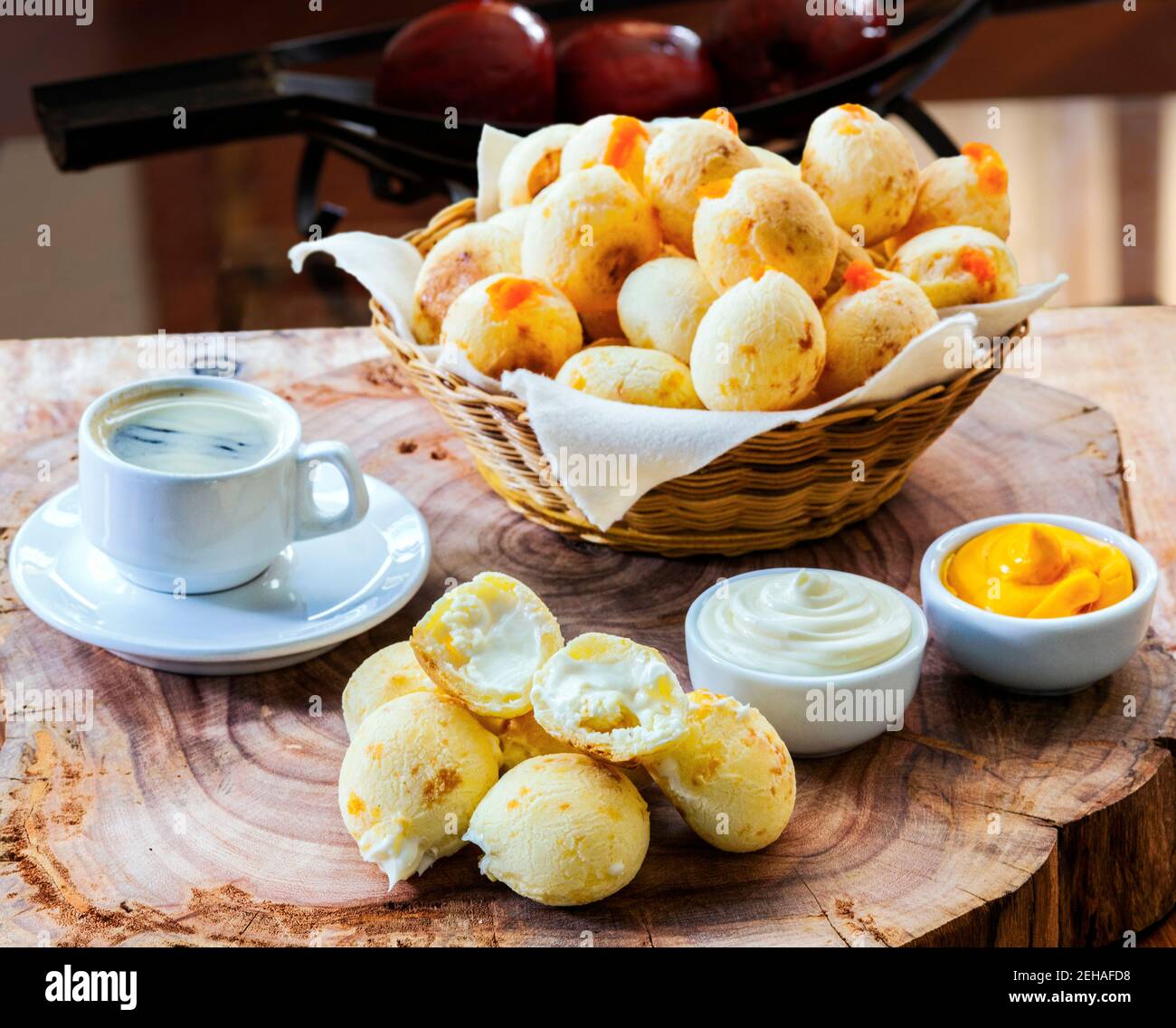Breakfast with stuffed cheese bread, pao de queijo Stock Photo - Alamy