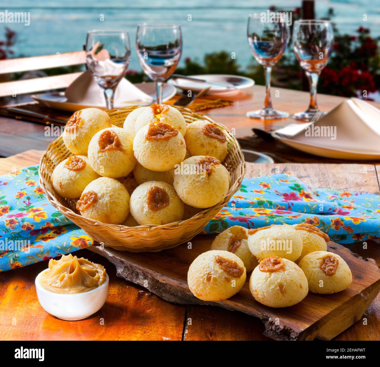 Breakfast with stuffed cheese bread with dulce de leche, pao de queijo ...