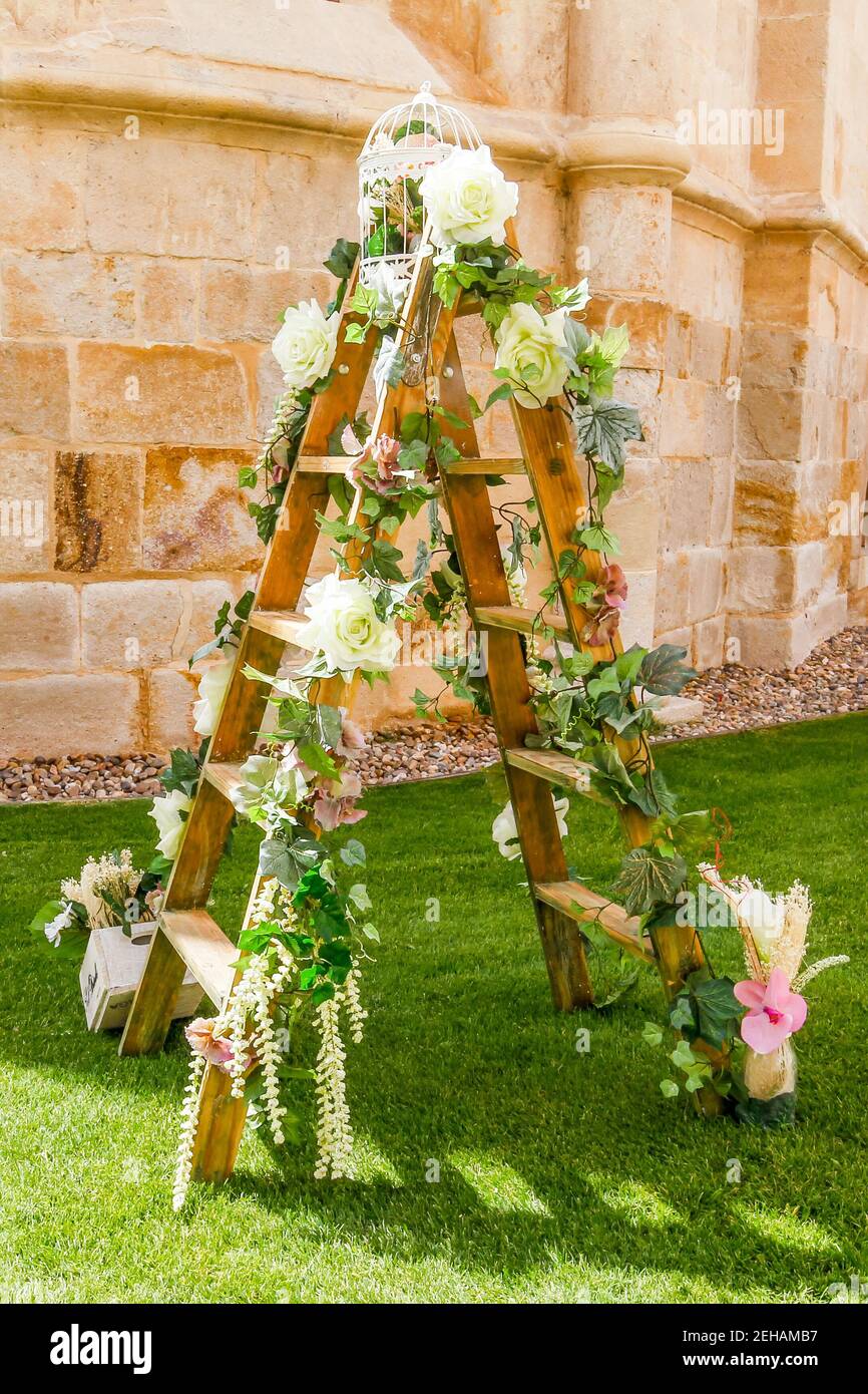 Floral decoration to celebrate an outdoor party with a wooden ladder ...