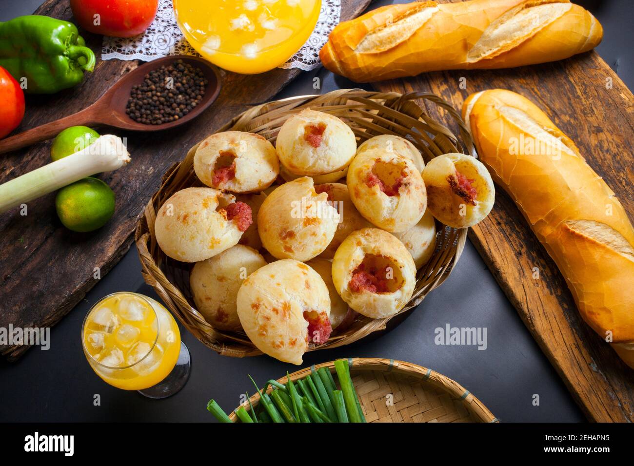 Breakfast with stuffed cheese bread, pao de queijo Stock Photo - Alamy