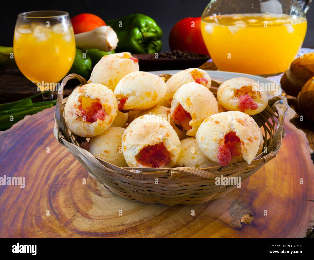 Breakfast with stuffed cheese bread, pao de queijo, stuffed with ...