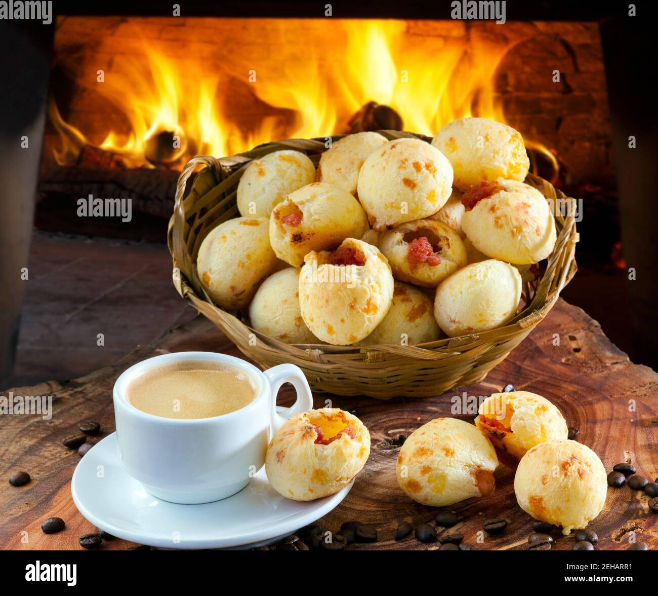 Breakfast with stuffed cheese bread, Brazilian snack pao de queijo ...