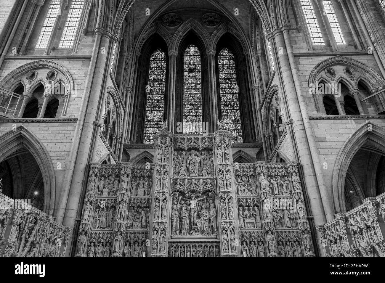 Black and white photo of the altar inside Truro cathedral in COrnwall ...