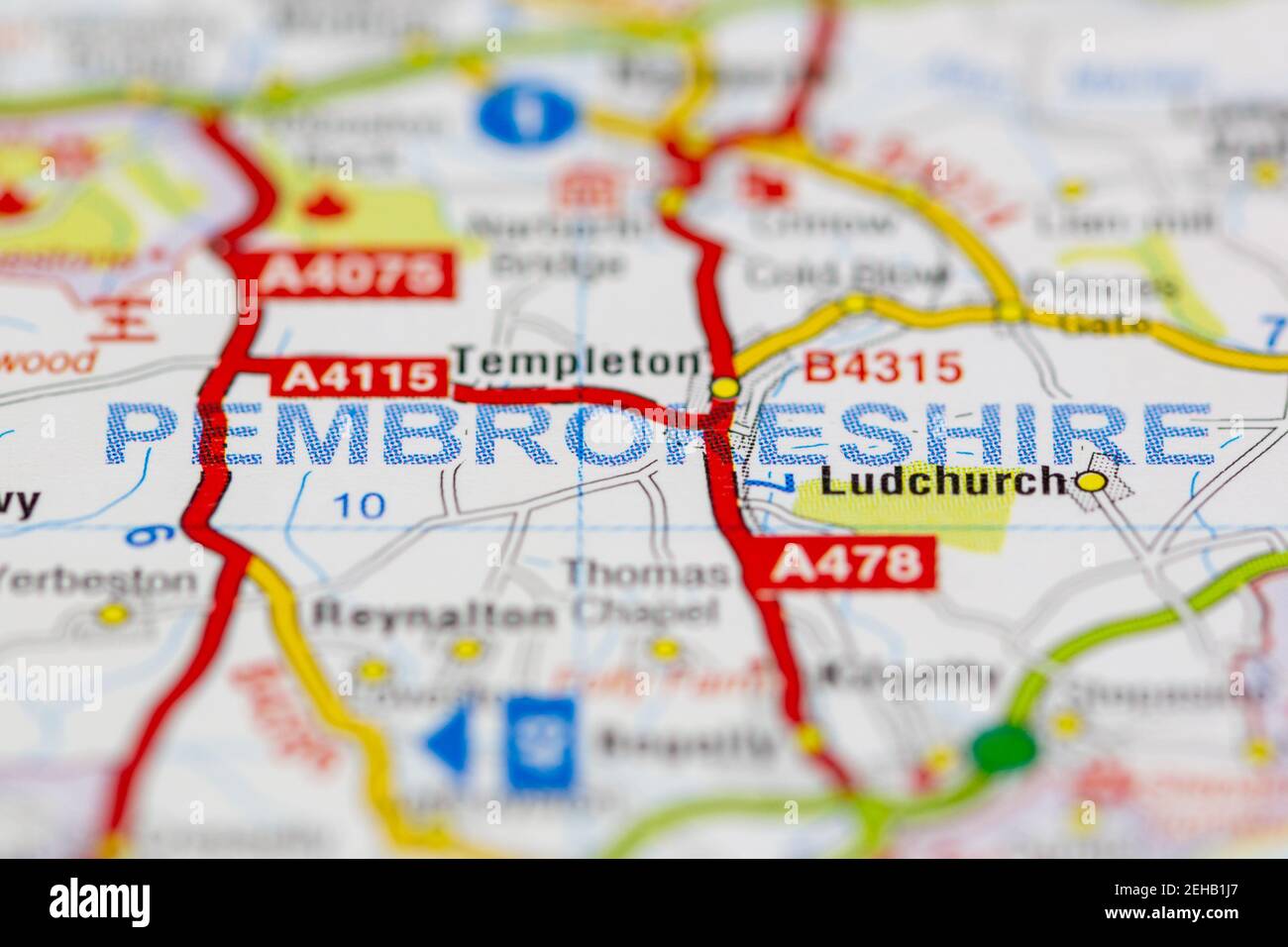 Pembrokeshire shown on a road map or Geography map Stock Photo - Alamy