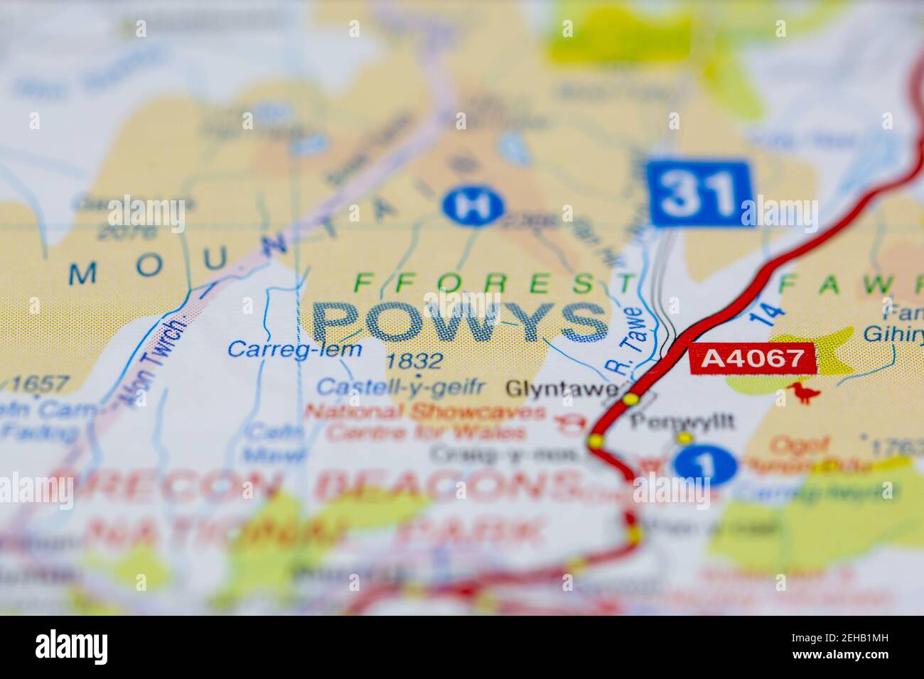 Powys and surrounding areas shown on a road map or Geography map Stock ...