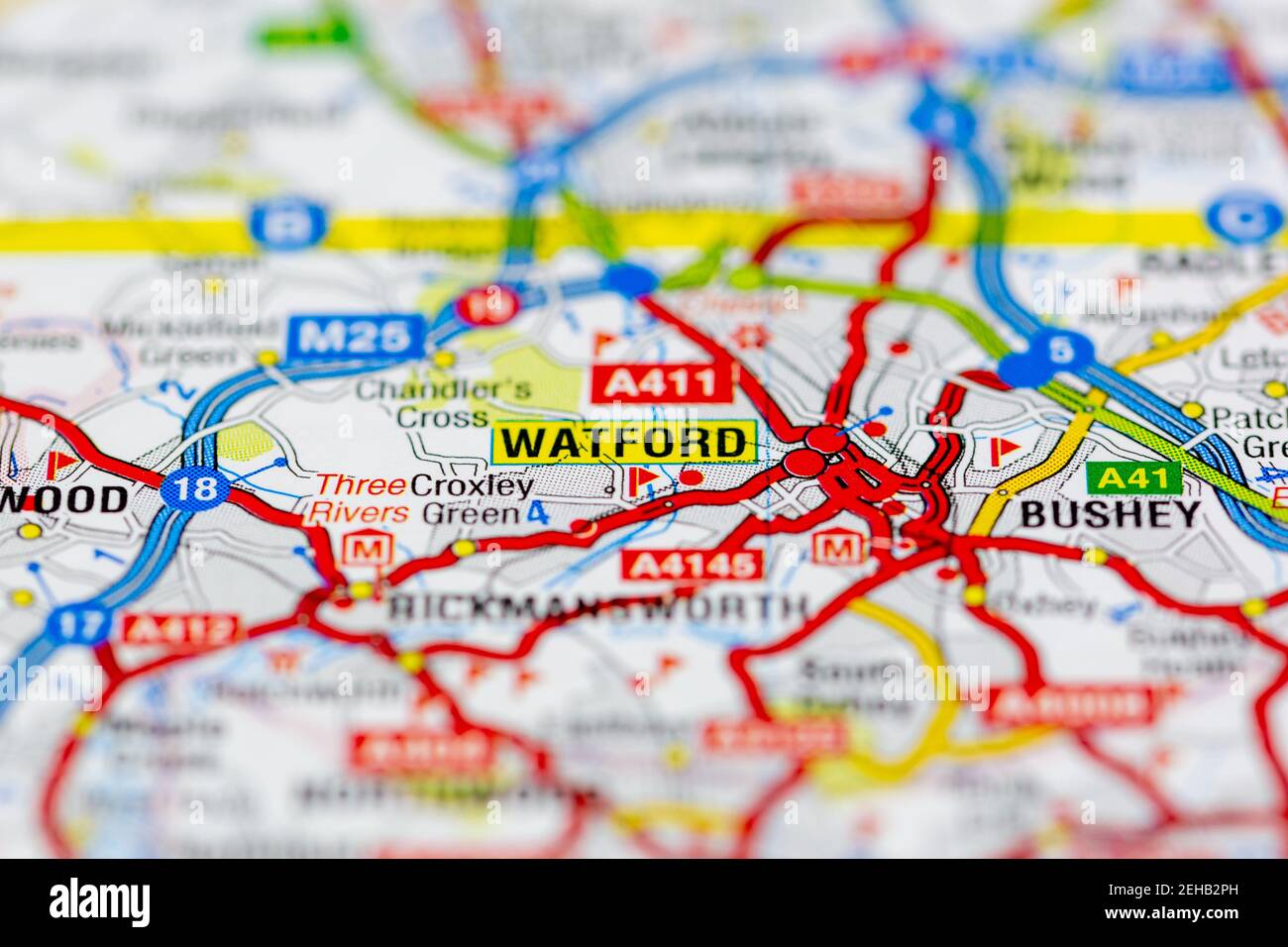 Watford and surrounding areas shown on a road map or Geography map ...