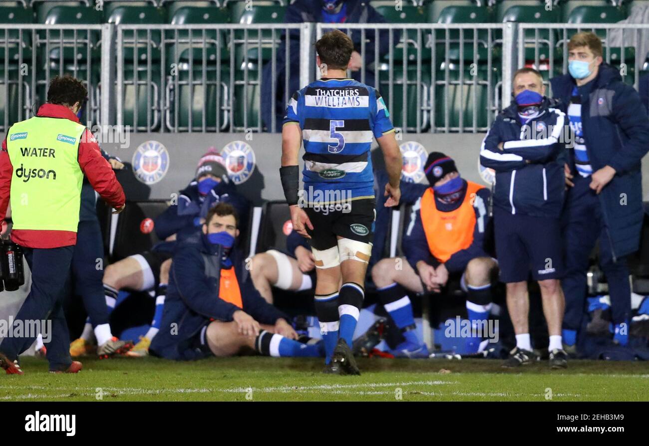 Bath's Mike Williams leaves the field of play after being shown a red ...