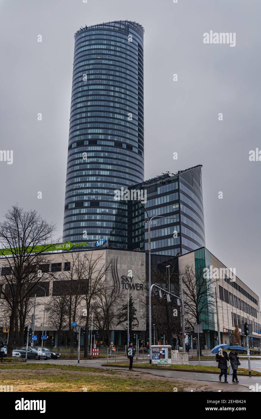 Wroclaw January 18 2020 Glassy Sky Tower building at cloudy rainy day ...