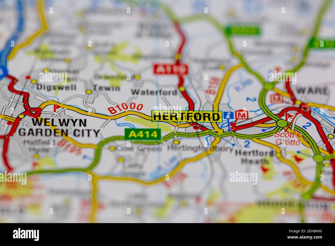 Hertford and surrounding areas shown on a road map or Geography map ...