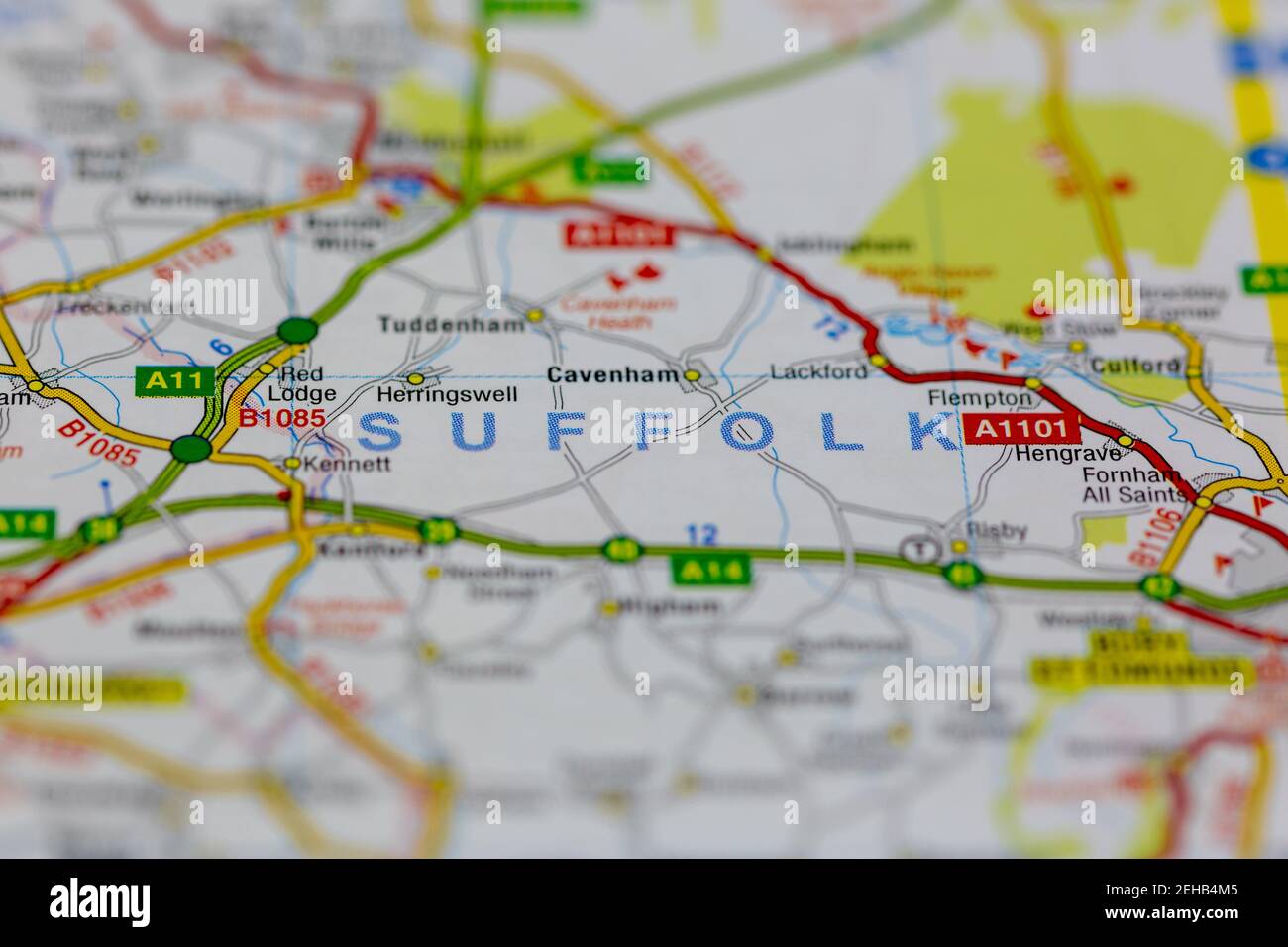 Suffolk and surrounding areas shown on a road map or Geography map ...