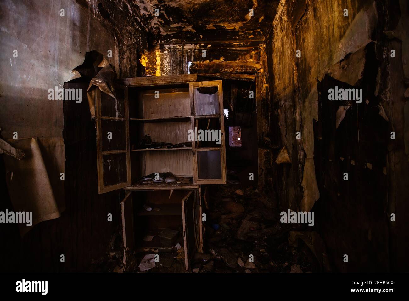 Burnt house interior. Consequences of fire concept Stock Photo - Alamy